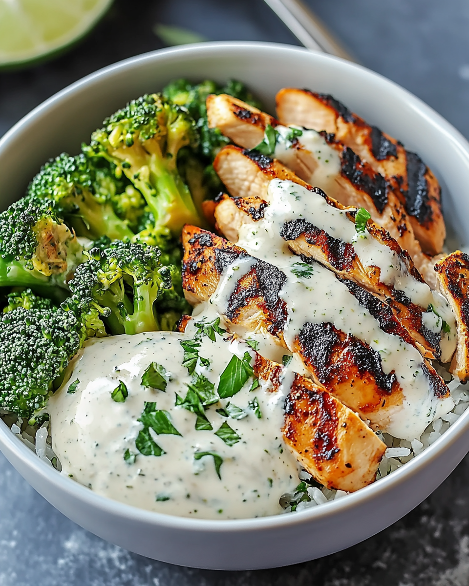 Grilled Chicken & Broccoli Bowls with Creamy Garlic Sauce - Simple ...